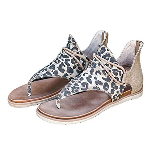 Bomden Womens Sandals, Flat Sole, Leopard Printed, Back Zipper, Summer Clip-Toe Shoes Comfy Sandals Flats Casual Beach Plus Size Flops Slippers Shoes, Khaki, Size:39 US:8 Foot Length:24.5cm9.65 inch