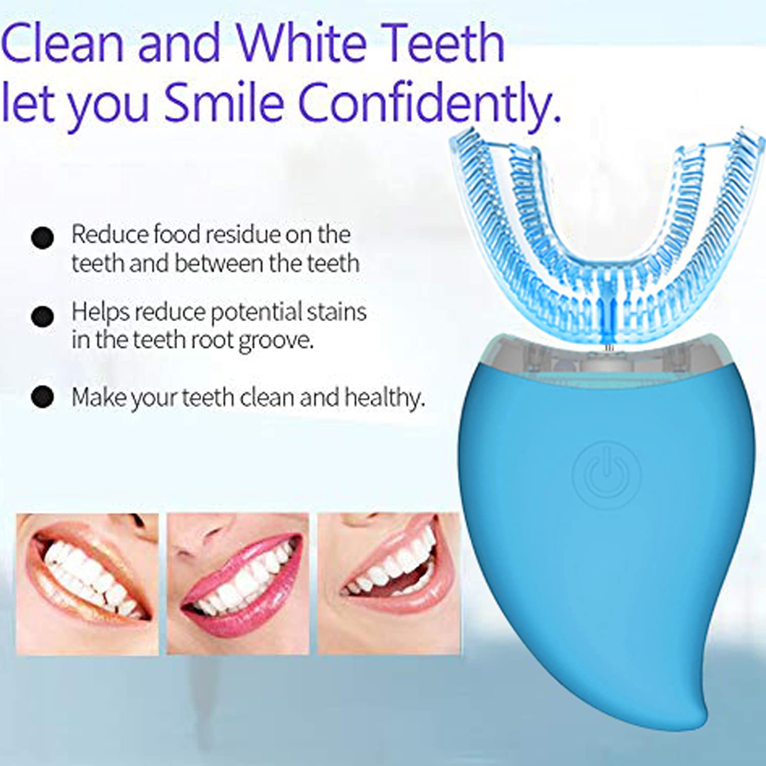 BESUNTEK 360°Ultrasonic Electric Toothbrush Sonic Toothbrush for Adults,Waterproof Washable and Reusable Sonic Automatic Toothbrush with U-Shaped Silicone Toothbrush Head (Blue)