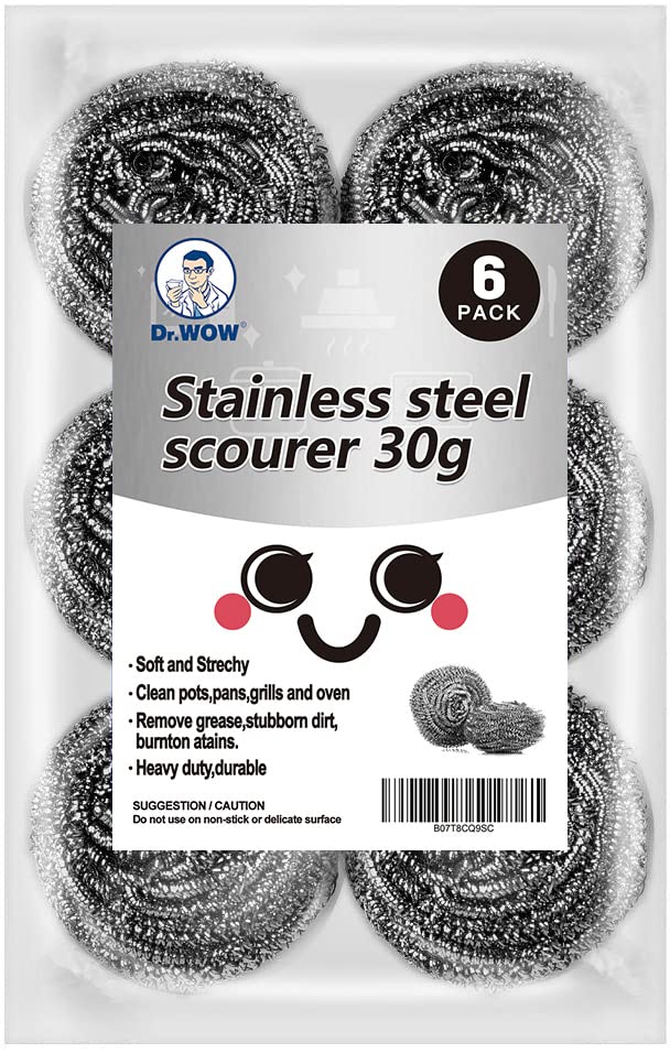 Dr.WOW 6 Pack Stainless Steel Sponges,Extra Large Magic Sponge Pad,Steel Wool Scrubber for Kitchens, Bathroom, Floor Cleaning