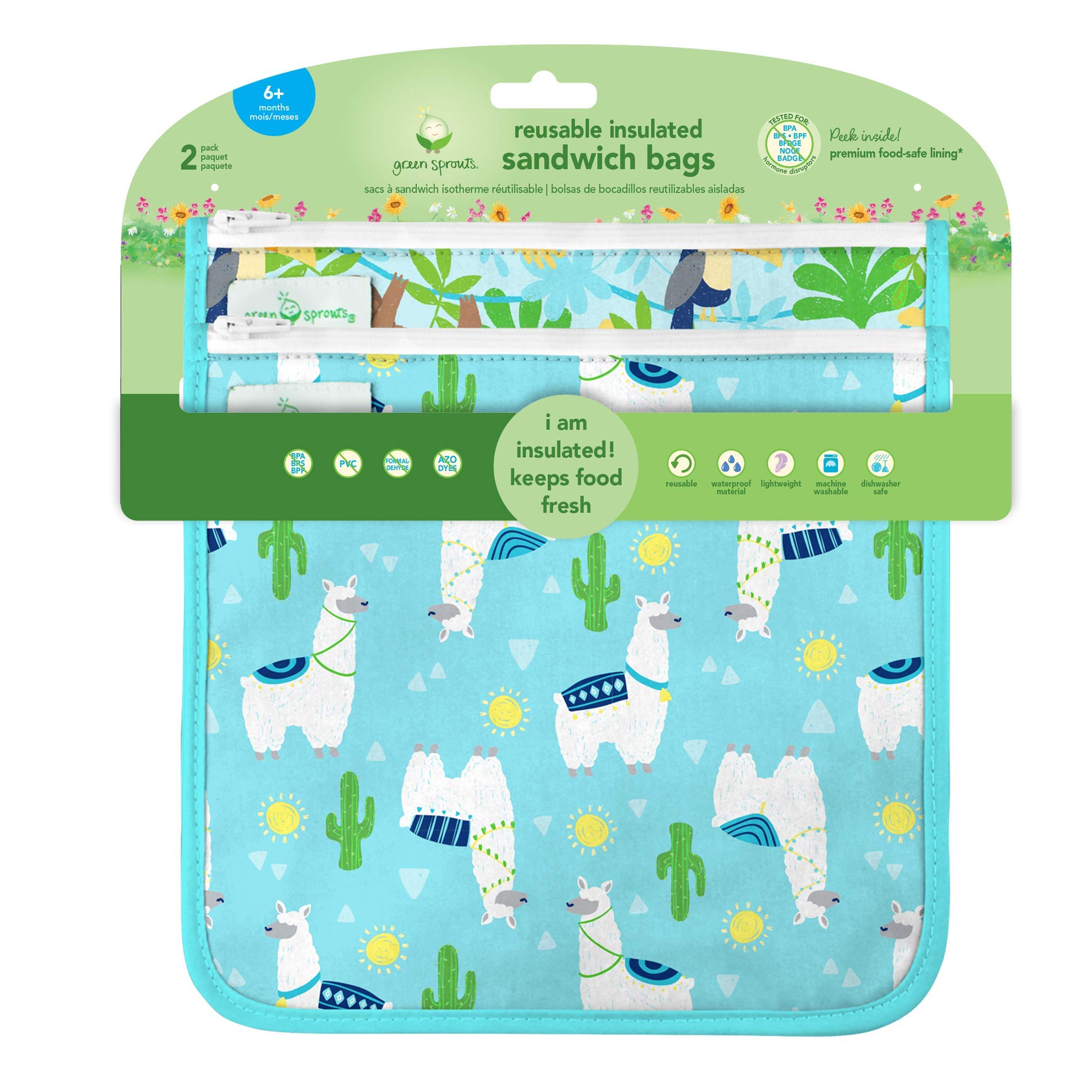 green sprouts Reusable Insulated Sandwich Bags (2 Pack) | Holds Food, Utensils, Wipes & More | Keeps Food Fresh | Food-Safe, Waterproof, Easy-Clean Material