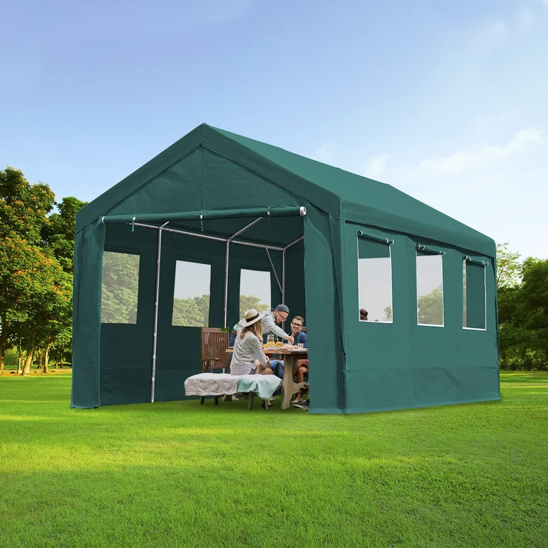 ADVANCE OUTDOOR 12x20 ft Heavy Duty Adjustable Carport with 6 Roll-up Ventilated Windows & Removable Sidewalls Car Canopy Garage Boat Shelter Party Tent, Peak Height from 9.5ft to 11ft, Green