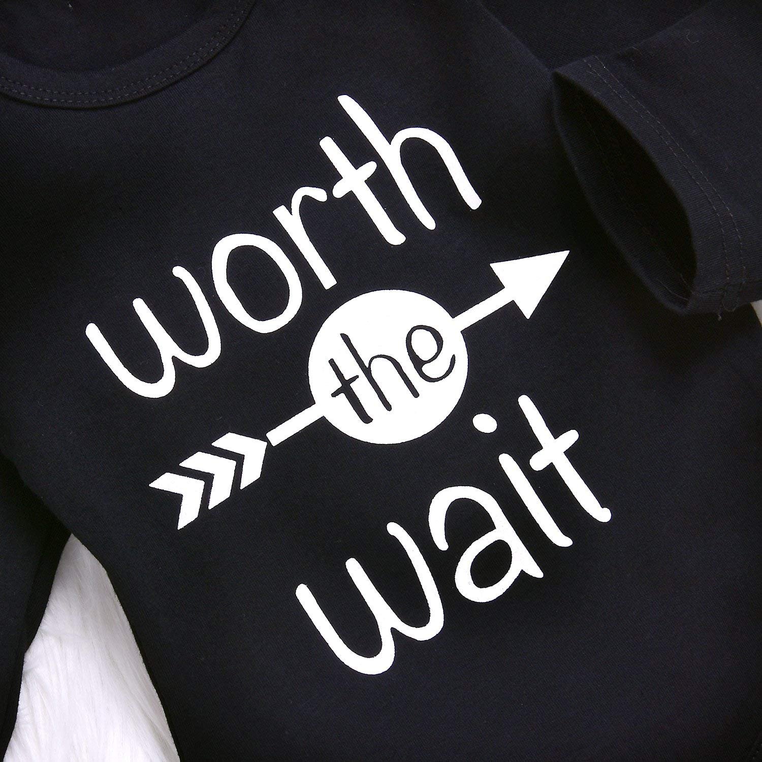 Besokuse Baby Unisex Worth the Wait Arrow Printed Romper Striped Pant Hat Outfit Clothes (Black, Newborn)