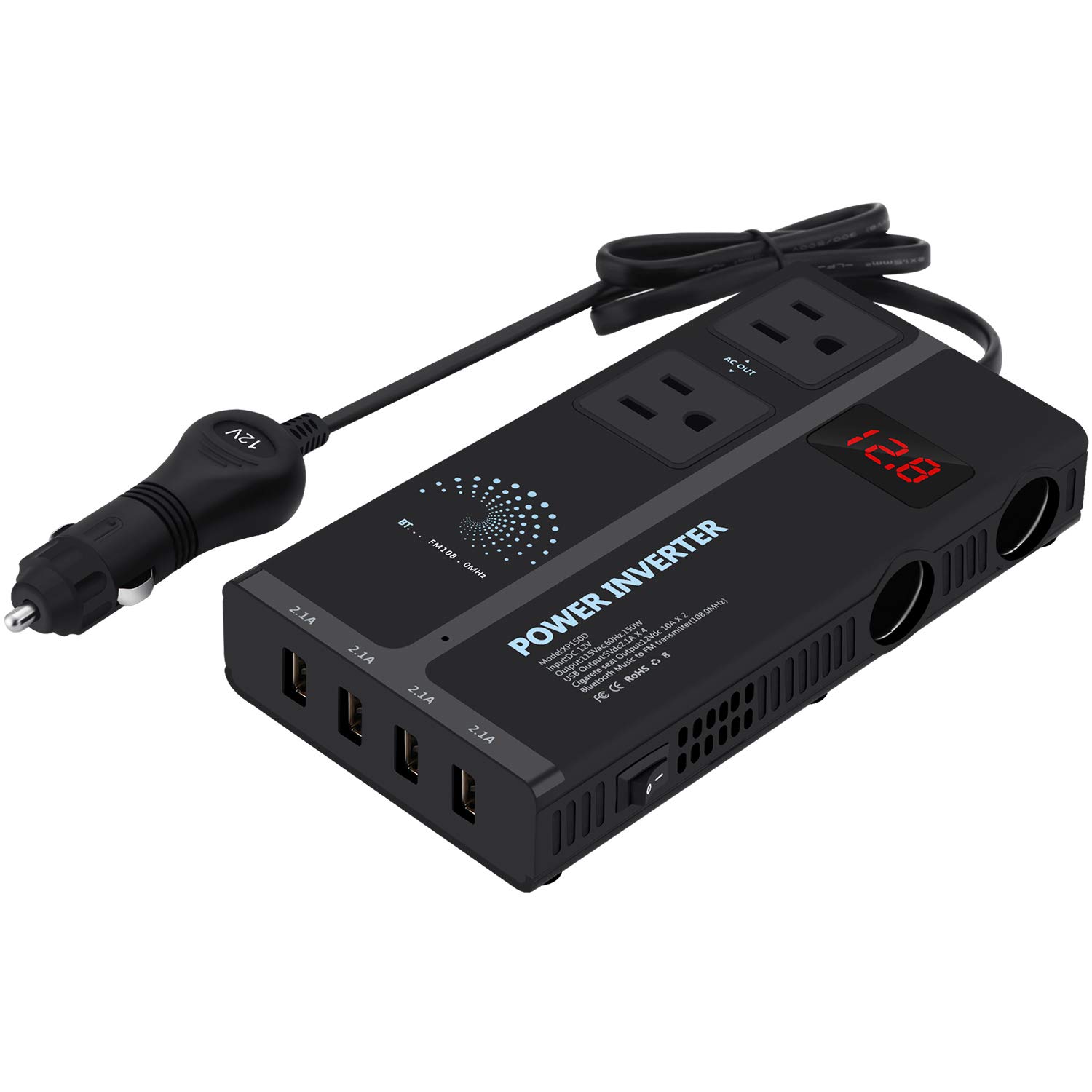 150W Car Power Inverter DC AC Converter 12V to 110V with Four 2.1A Quick Charging USB Charger Adapter, Two 12V Car Cigarette Lighter and Two 115V Outlets