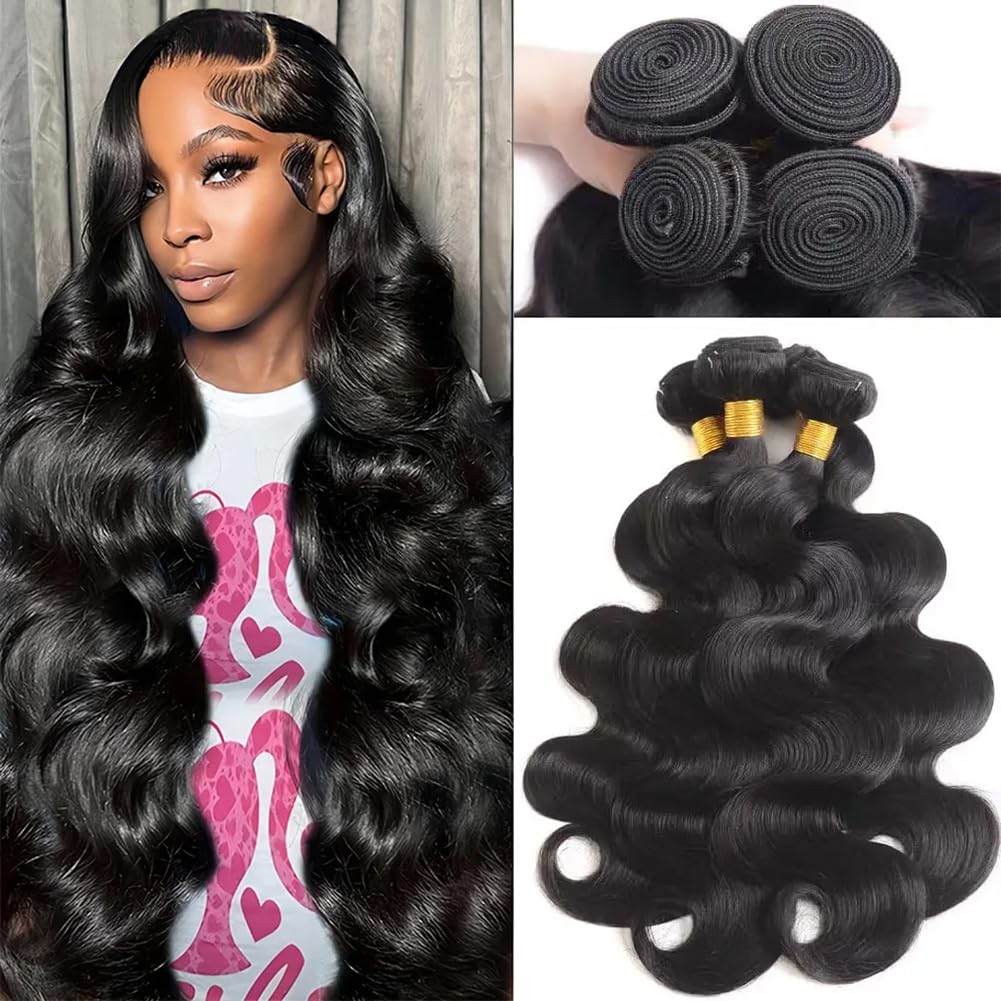 Seekomi Body Wave Human Hair 4 Bundles (18 20 22 24 inch) 100% Unprocessed Human Hair Body Wave Bundles Natural Black Color Double Weft Extension Human Hair 4 Bundles for Women 100g/Bundle