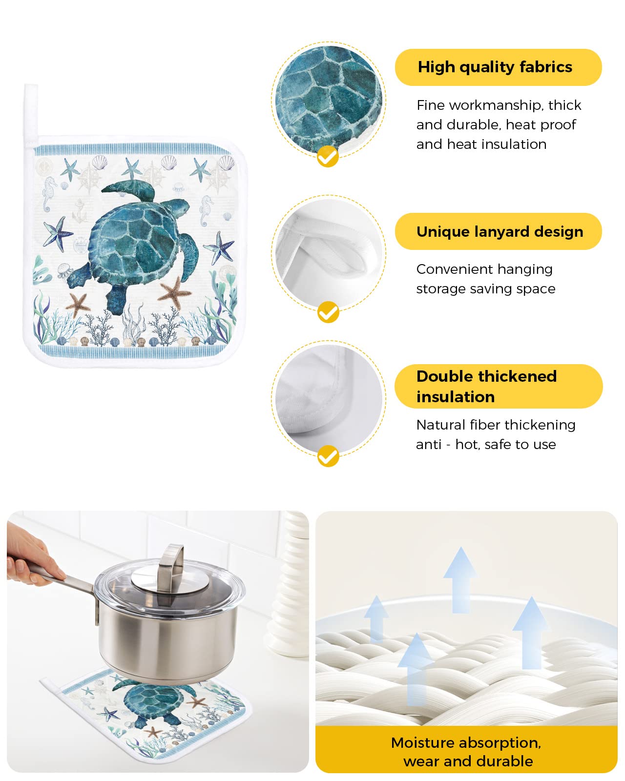 2 Pack Pot Holders Heat Insulation Potholder, Sea Turtle Hot Pads Multipurpose Oven Pads Terry Cloth Potholders for Kitchen Cooking Baking Dining Table Ocean Themed Starfish Seaweed