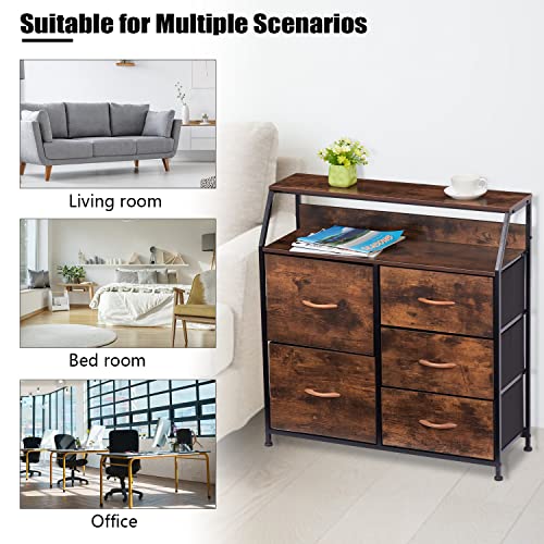AIIT Kinlife Drawer Dresser Storage Tower, 5-Drawer Organizer Unit with MDF Board Tabletop, Organizer Tall Fabric Storage Tower for Bedroom Kitchen Living Room Study Entryway