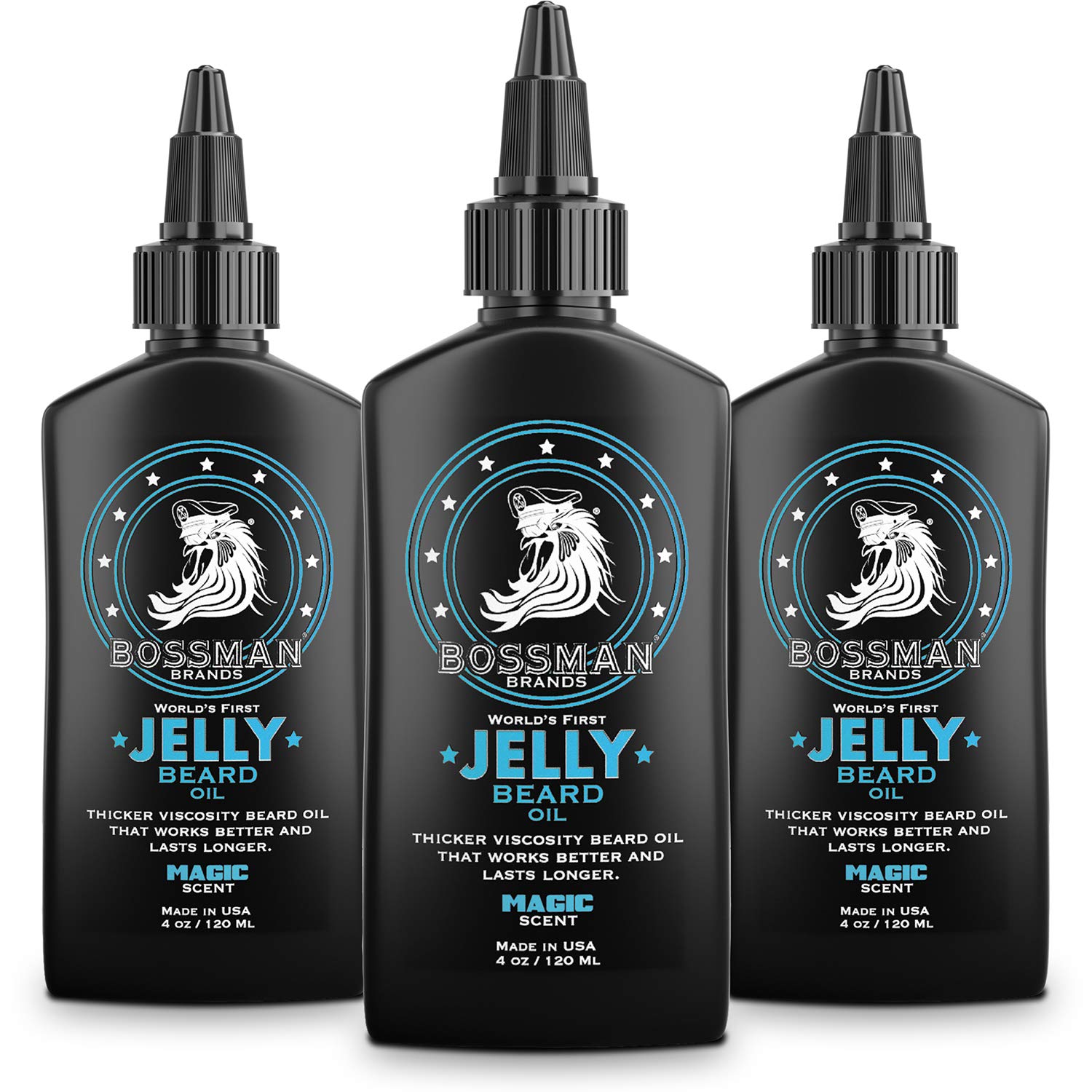 Bossman Jelly Beard Oil - Beard Growth Softener and Moisturizer Care - Larger 4oz, Bottle - 3 Pack Kit - Made in USA (Magic Scent)