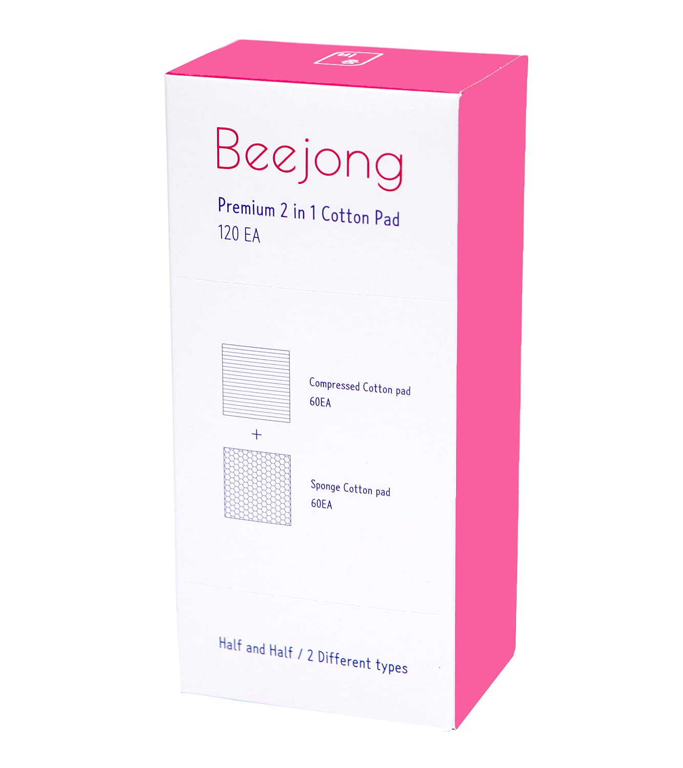 Beejong [120EA] Premium 2 in 1 Facial Cleansing Square Cotton Pads - Two Types of Face Wipes Cotton Pads for Toner, Makeup Remover | Compressed 60EA & Sponge 60EA | Made in Korea (1 Pack)