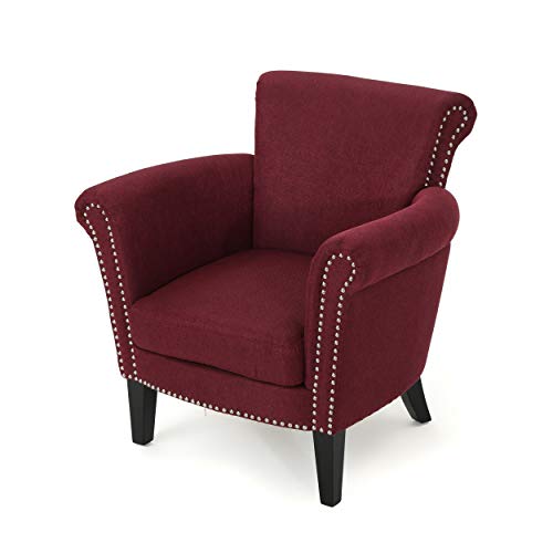 Christopher Knight Home Brice Vintage Scroll Arm Studded Fabric Club Chair, Wine / Dark Brown 29.5D x 31W x 31.5H Inch