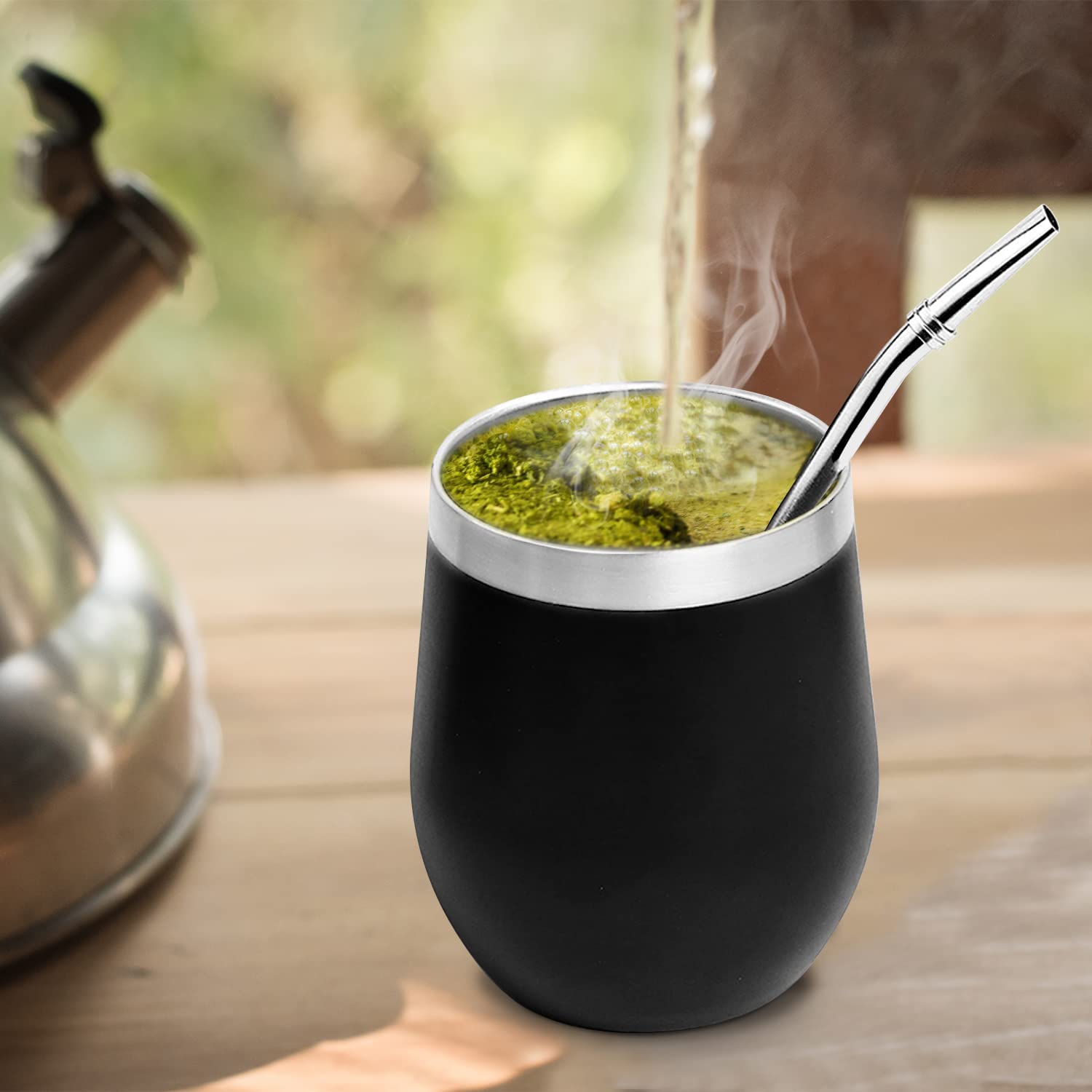 2 Pack 8 Ounces Modern Mate Cup Yerba Mate Tea Cup Set - Including Two Bombilla (Yerba Mate Straw), Lid & Cleaning Brush, Mate Cup for Drinking - Stainless Steel, Double-Wall (Black and Brown)