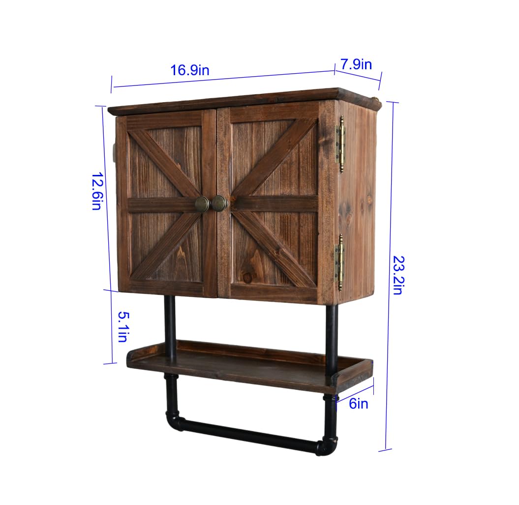 Juleduo 23.1x16.9'' Bathroom Wall Cabinet with Adjustable Wall Shelf & Towel Bar Double Doors Medicine Cabinet Wall Mounted with Hanging Bar, Rustic Wood Storage Kitchen (Black)