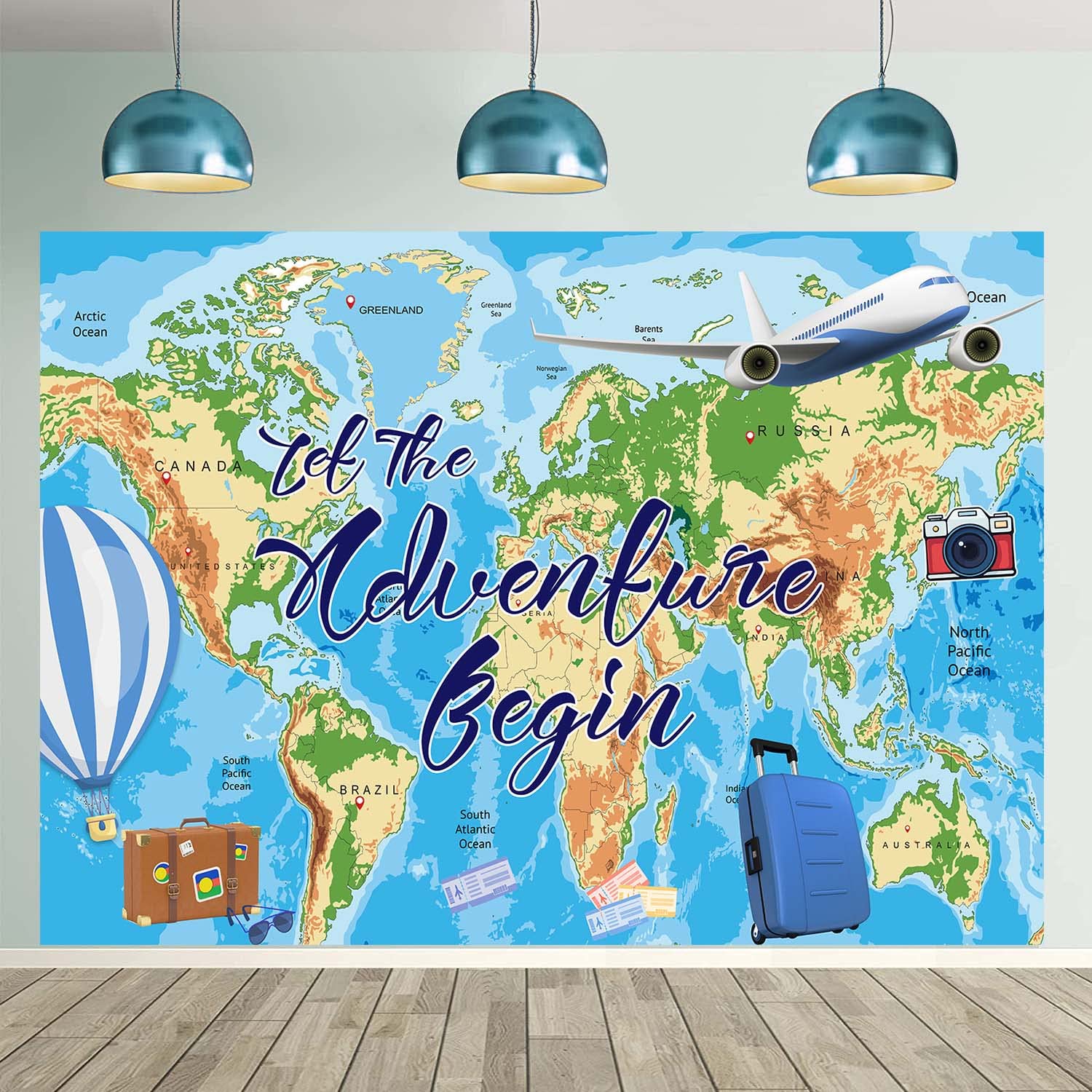 Adventure Awaits Backdrop Travel Themed World Map Photography Background Let The Adventure Begin World Travel Graduation Birthday Baby Shower Party Decorations Banner (6x4ft(70x40inch))