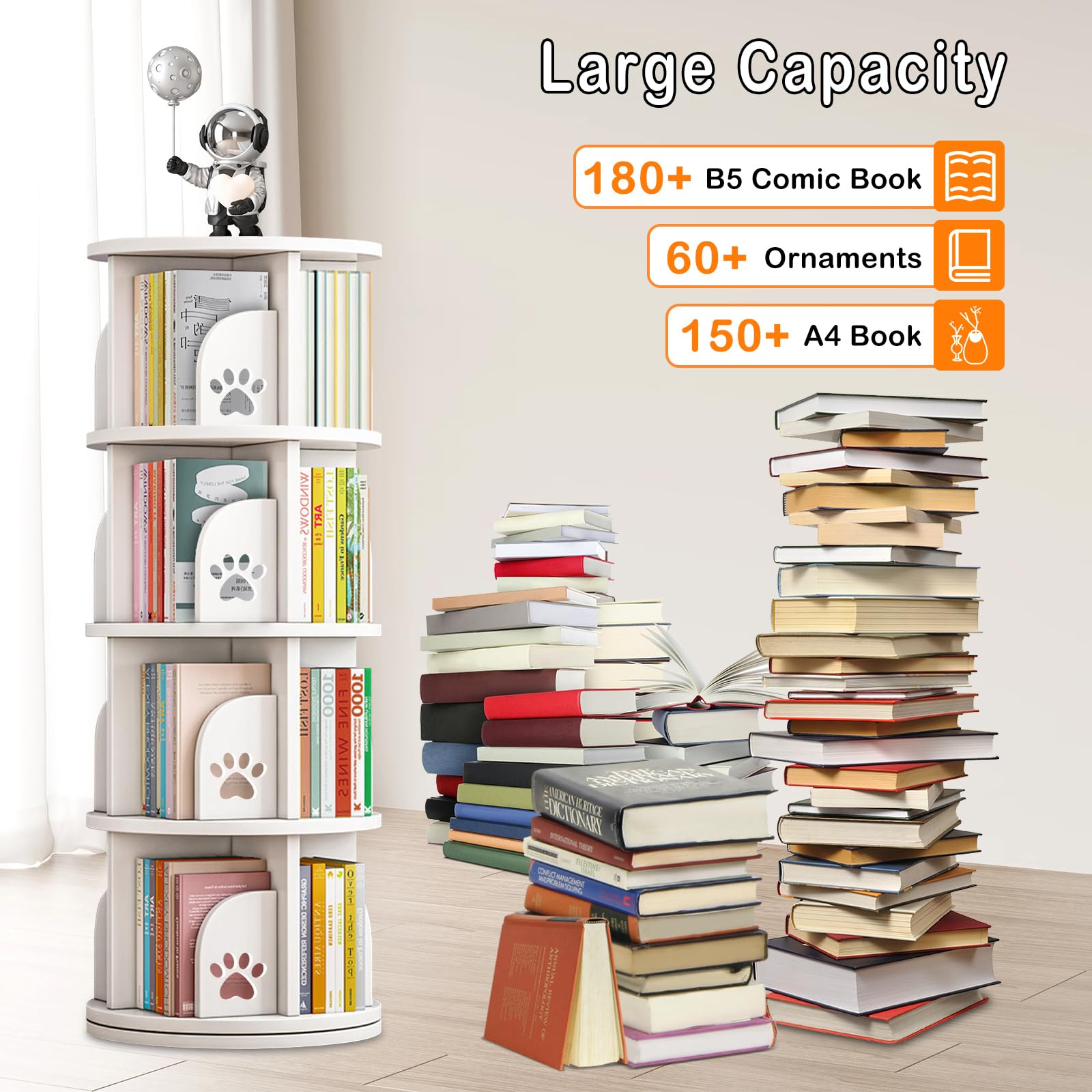 360°Rotating Bookshelf 4-Tier Large Capacity 18" Diameter Kids Bookshelf PVC Plastic Display Cabinet,Corner Bookcase Space Saving Round Spinning Storage Rack With Small Silicone Hammer (4-Tier)