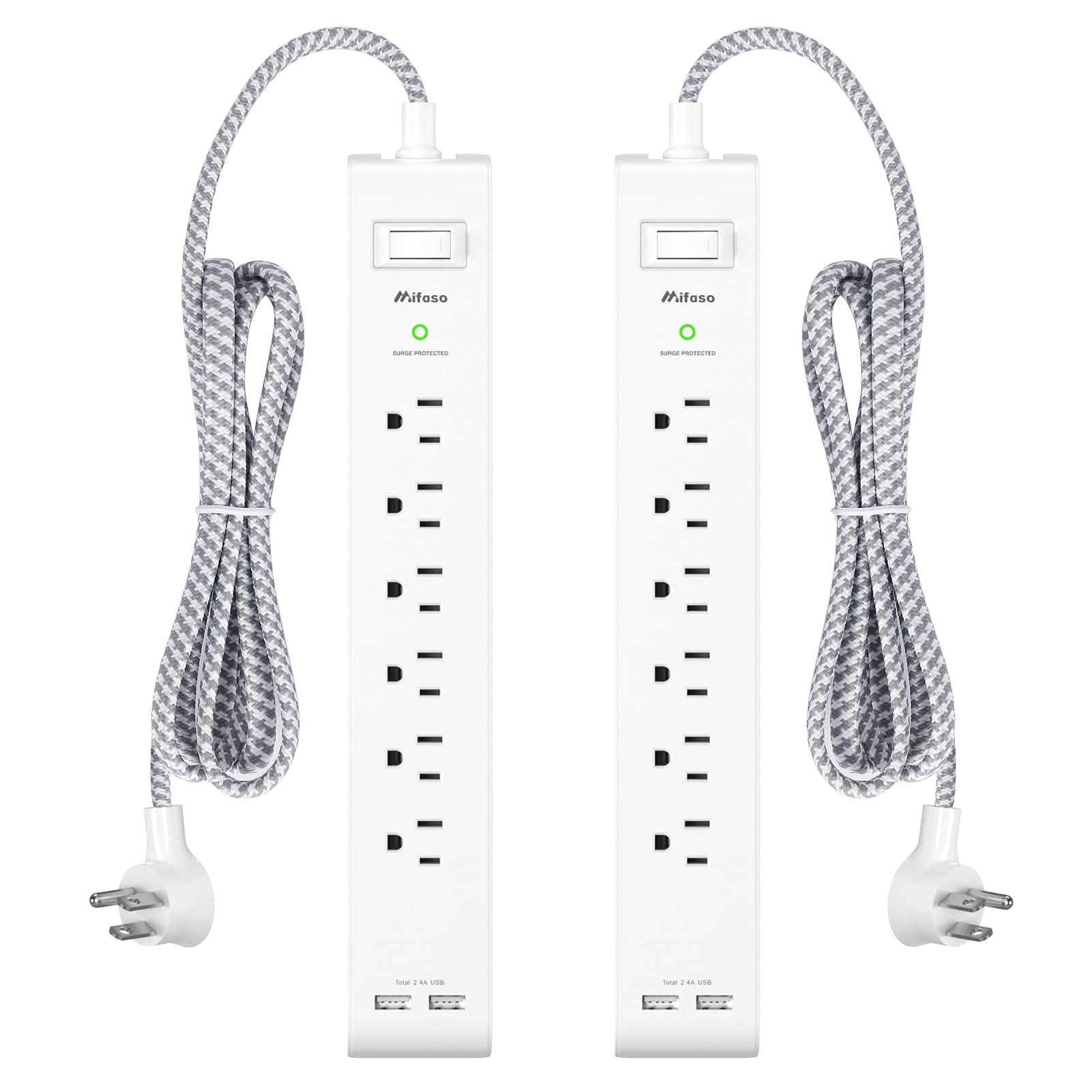 2 Pack Power Strip - 12FT Long Extension Cord, Surge Protector with 6 Outlets and 2 USB Charging Ports, Flat Plug Overload Protection, (1625W/13A/900J), Wall Mount for Home Office and Dorm, ETL Listed