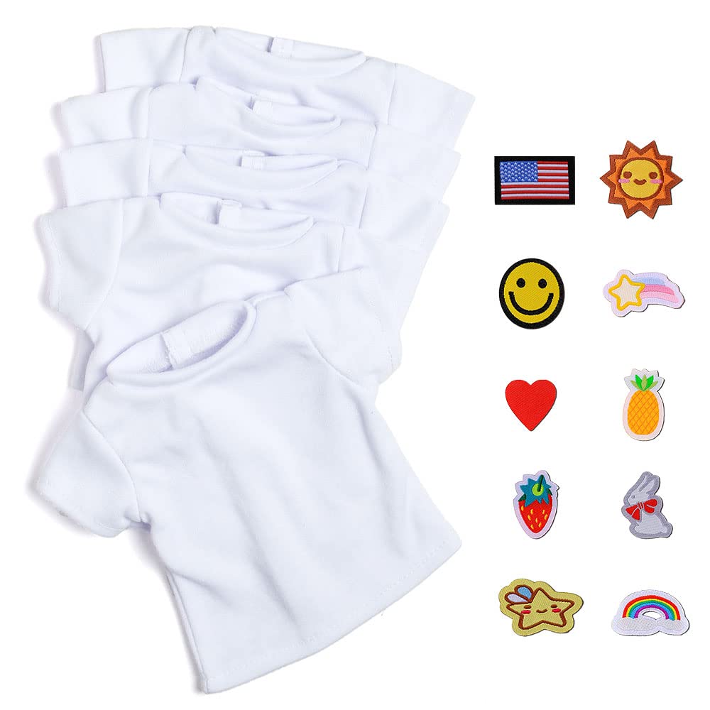 18 Inch Doll Clothes 5-Pack Long Sleeved White T-Shirts with 10 PC Woven Patches Fit 18 Inch Dolls (Short Sleeved T-Shirts)