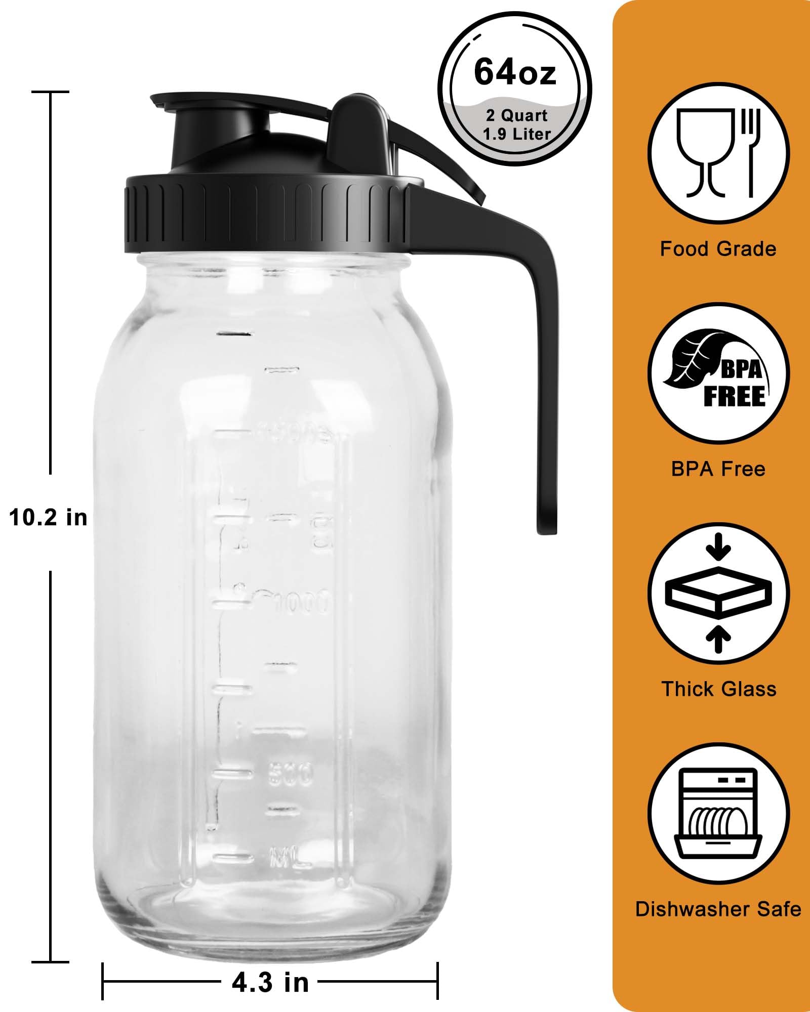 64 oz Mason Jar Pour Spout, 2 Quart Glass Water Pitcher with Lid, Airtight Seal for Great for Iced Tea,Juice,Milk,Coffee,Sun Lemonade, Set of 1(Black)