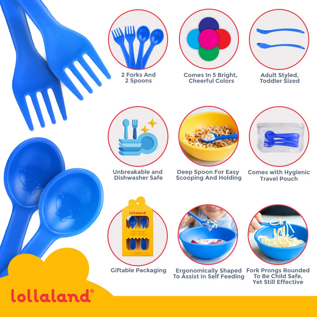 Lollaland 5 Piece Plastic Toddler Silverware Spoon and Fork Utensil Set - Reusable Toddler Cutlery with Hygienic Travel Pouch (Turquoise)