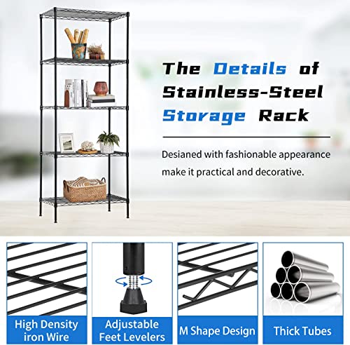 BLKMTY 5-Tier Wire Shelving Unit Metal Storage Shelf 24"x14"x60" Heavy Duty Metal Storage Rack Sturdy Wire Rack for Kitchen Bathroom Garage Shelf Pantry Organization Utility Shelves, Black