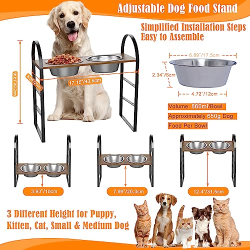 Alpeir Elevated Dog Bowls, Raised Dog Bowl Stand with 2 Stainless Steel Food Bowls, Adjustable Pet Feeder Station, Retro Brown