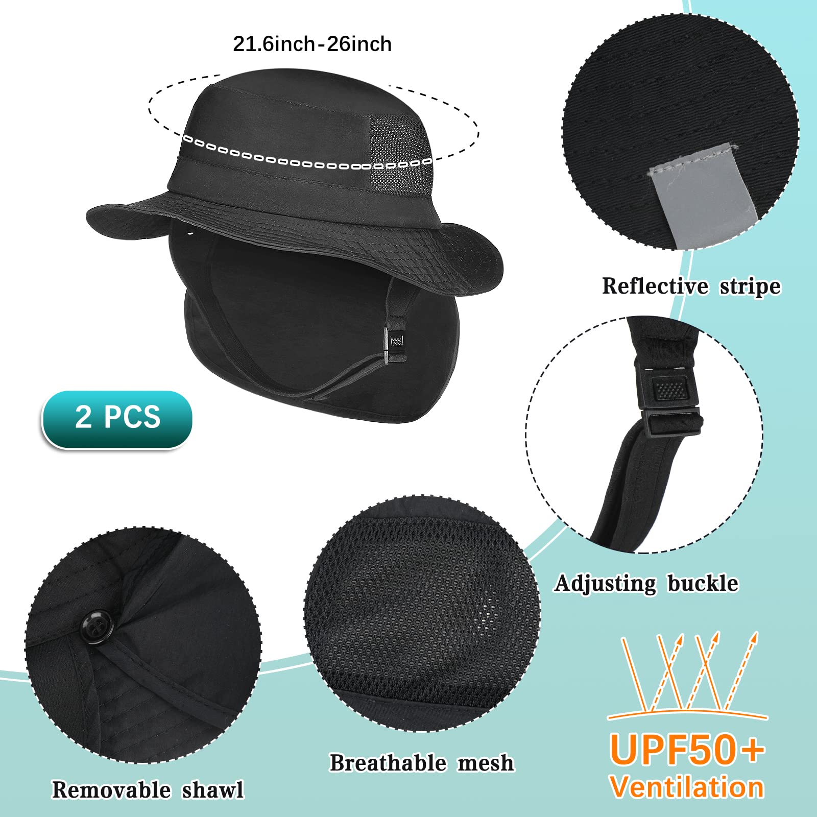2 Pieces Sun Protection Cap for Men Sun Protection Cap with Neck Flap Chin Straps Brim for Fishing Hat (Elegant Style) Black