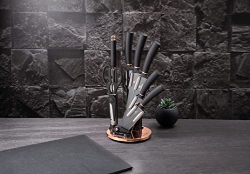 Berlinger Haus Kitchen Knife Set with Block, 8 Piece Knives Set for Kitchen, Cooking Knives with Kitchen Shears and Sharpener, Sharp Cutting Stainless Steel Chef Knife Set with Acrylic Stand, Black