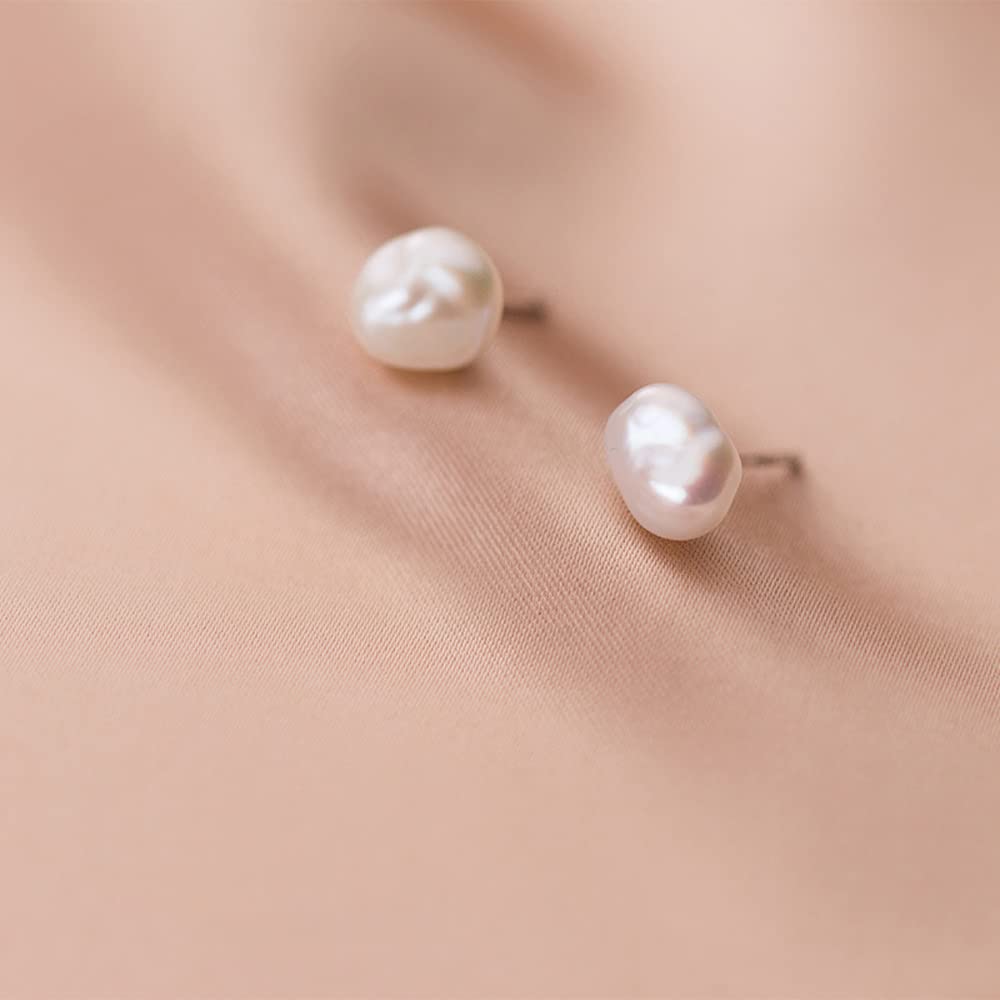 1Pairs Sterling Silver 8mm Baroque Pearl Stud Earrings White Round Freshwater Pearl Ear Studs Hypoallergenic for Women