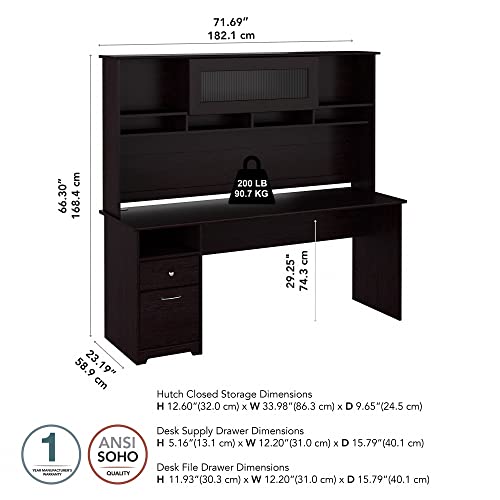 Bush Furniture Cabot 72W Computer Desk with Hutch and Drawers in Espresso Oak