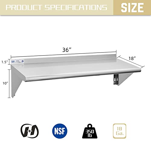 HALLY SINKS & TABLES H Stainless Steel Shelf 18 x 36 Inches, 350 lb, Commercial Wall Mount Floating Shelving for Restaurant, Kitchen, Home and Hotel