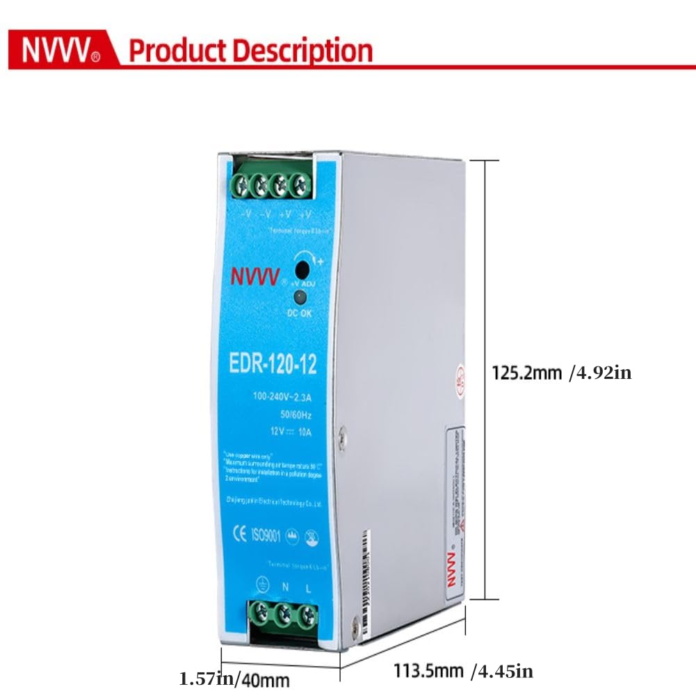 NVVV EDR-120-12 120W 12VDC 10Amp Industrial DIN Rail Power Supplies (12V 120W), Silver
