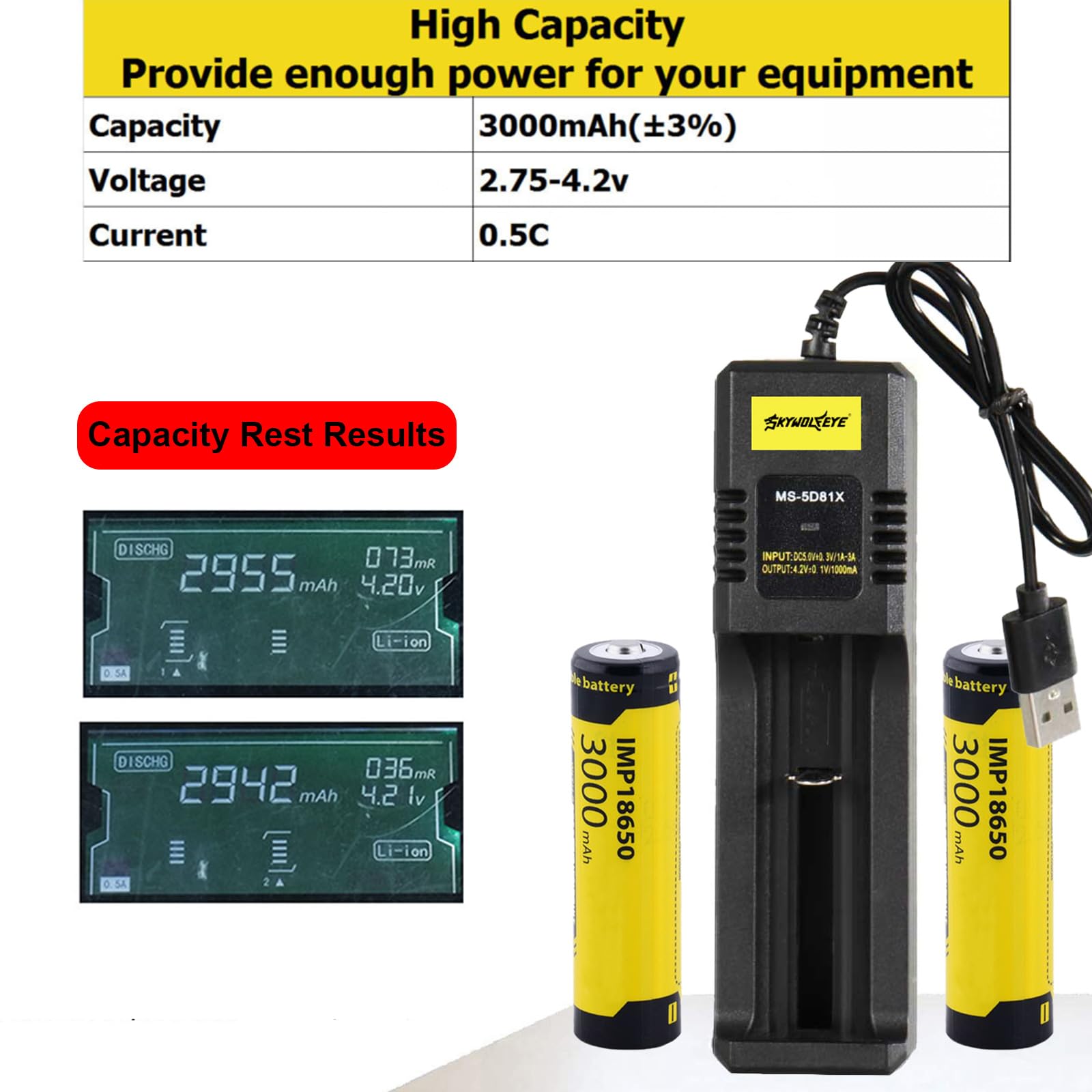18650 Battery Charger for 3.7V 3000mAh Lithium-ion Button Top Rechargeable Battery,Smart Charger with Micro USB Charging Cable for Flashlight/Headlamp/Doorbell battery