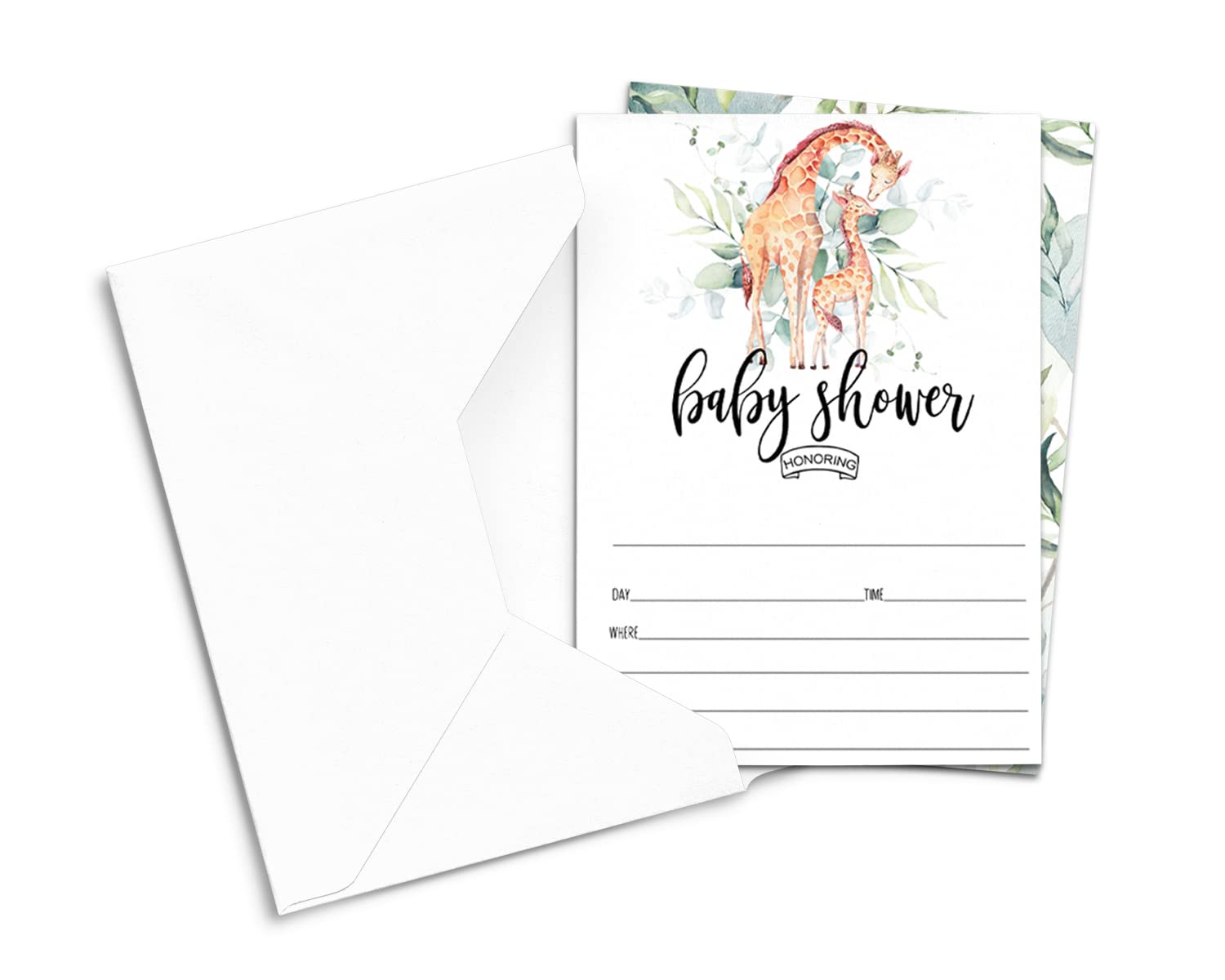 Giraffe Baby Shower Invitations Gender Neutral (25 Pack) Blank Invites for Reveal Parties – Greenery Theme Boy or Girl – Handwrite Party Details on Printed Invitation with Envelope Set 5x7