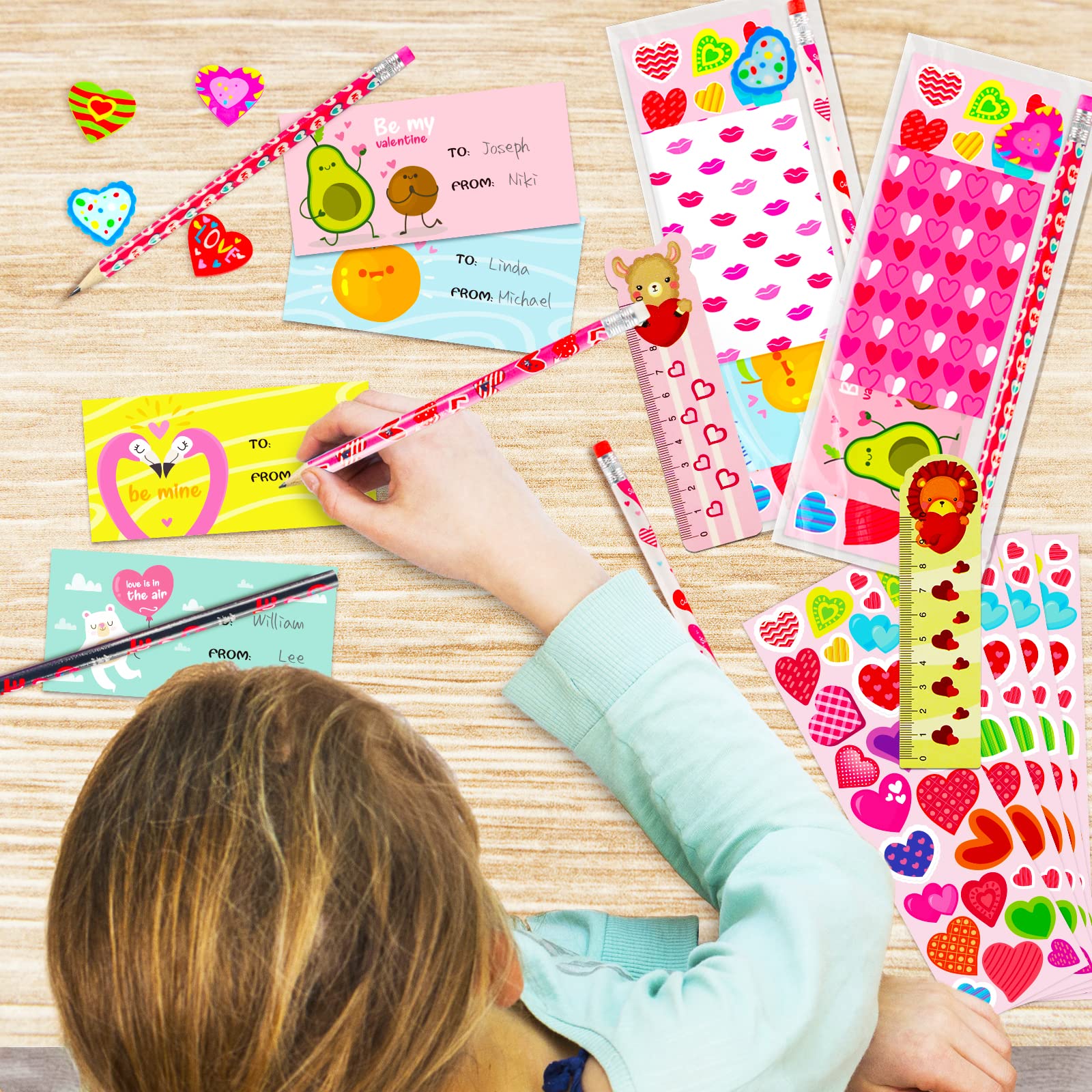 28 Pack Assorted Valentines Day Stationery Kids Gift Set, for Valentine Card Classroom Exchange Cards, Class Kid Pencil Eraser Notepad Sticker Bag, Pencils Bulk Pack Goodie Set, Toys Treats