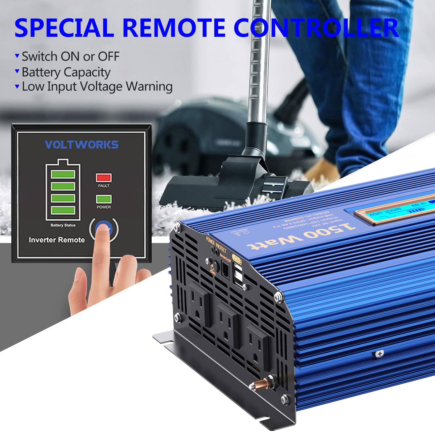 1500W Pure Sine Wave Power Inverter DC 12v to AC 110V-120V with Remote Control LCD Display and 2x2.4A Dual USB Ports 3 AC Outlets for Home RV Truck by VOLTWORKS