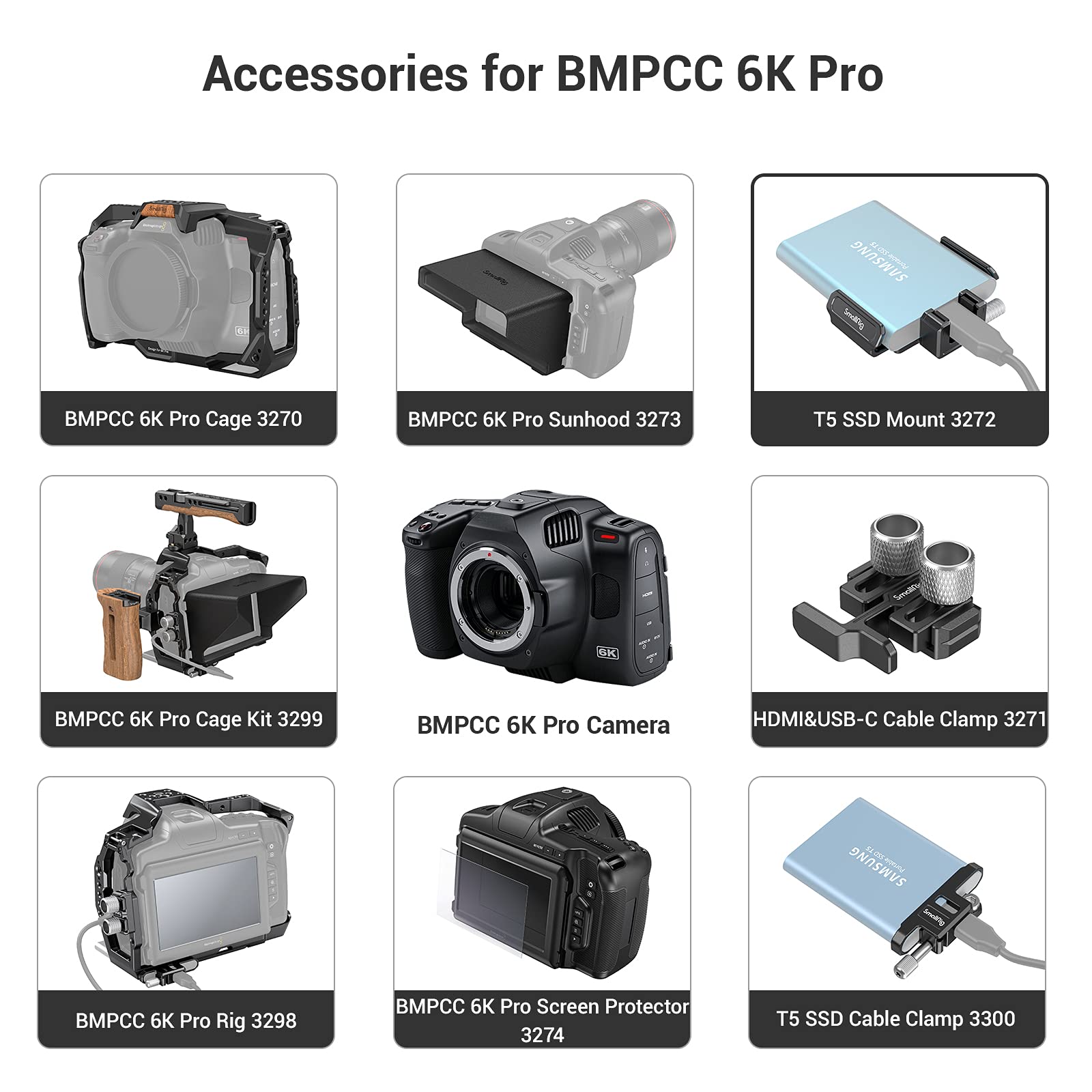 SMALLRIG SSD Mount Bracket SSD Holder for Samsung T5/T7 SSD, SanDisk SSD, SanDisk SSD T5/T7, Compatible Cage for BMPCC 6K Pro - 3272