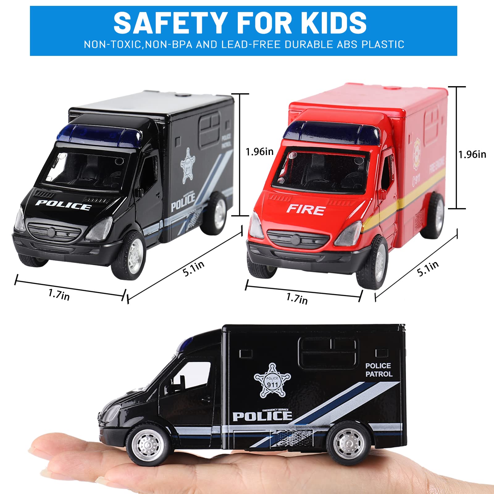 2 Pack Diecast Emergency Vehicle Toy Playsets,Pull Back Alloy Metal Car with Openable Doors,Fire Truck,Police Car Playset for Kids Boys