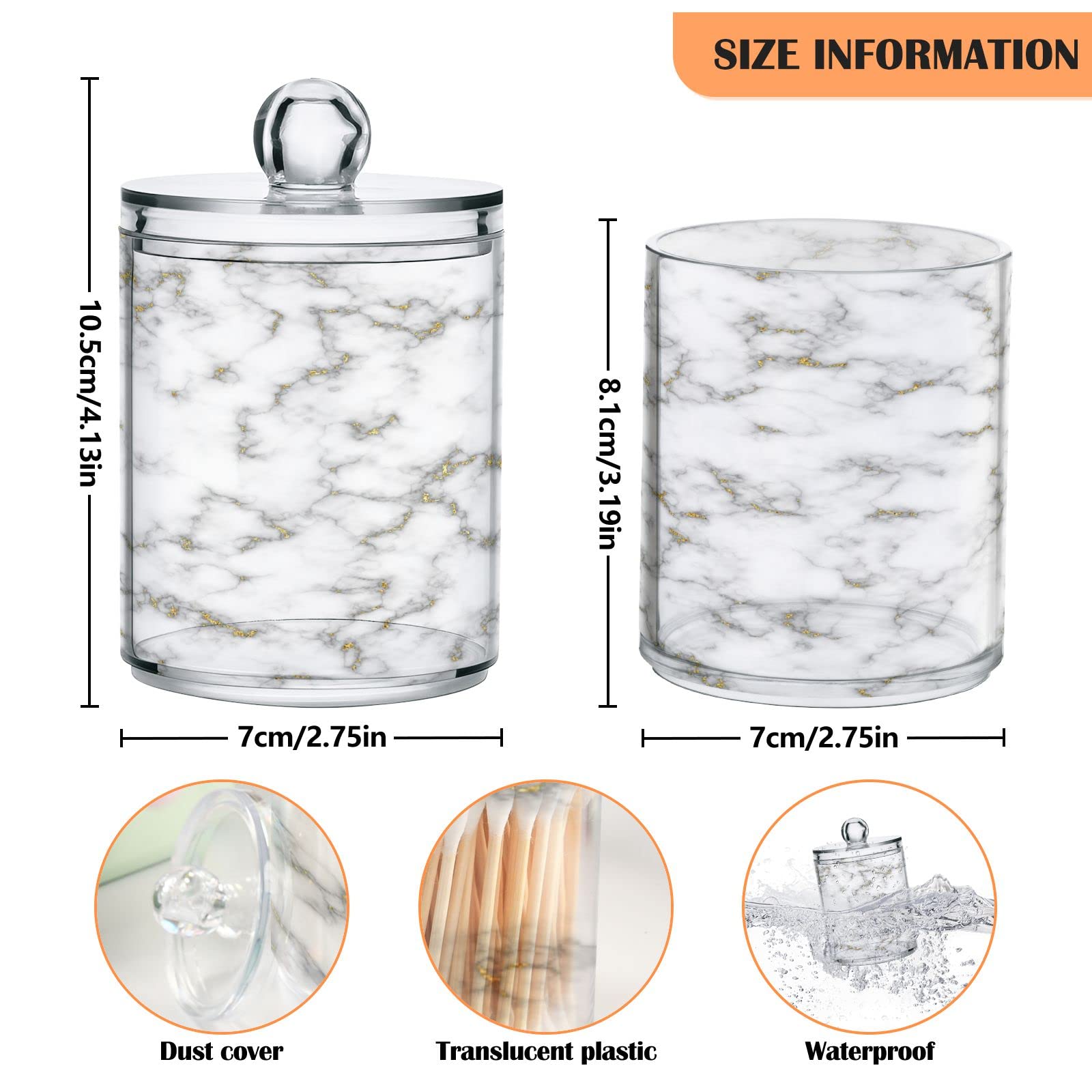 Marble Nature Texture Qtip Dispenser Apothecary Jars White Stone Grain Veins Bathroom Qtip Holder Storage Canister Plastic Jar 10 Oz for Cotton Ball Swab Round Pads Floss 2pcs