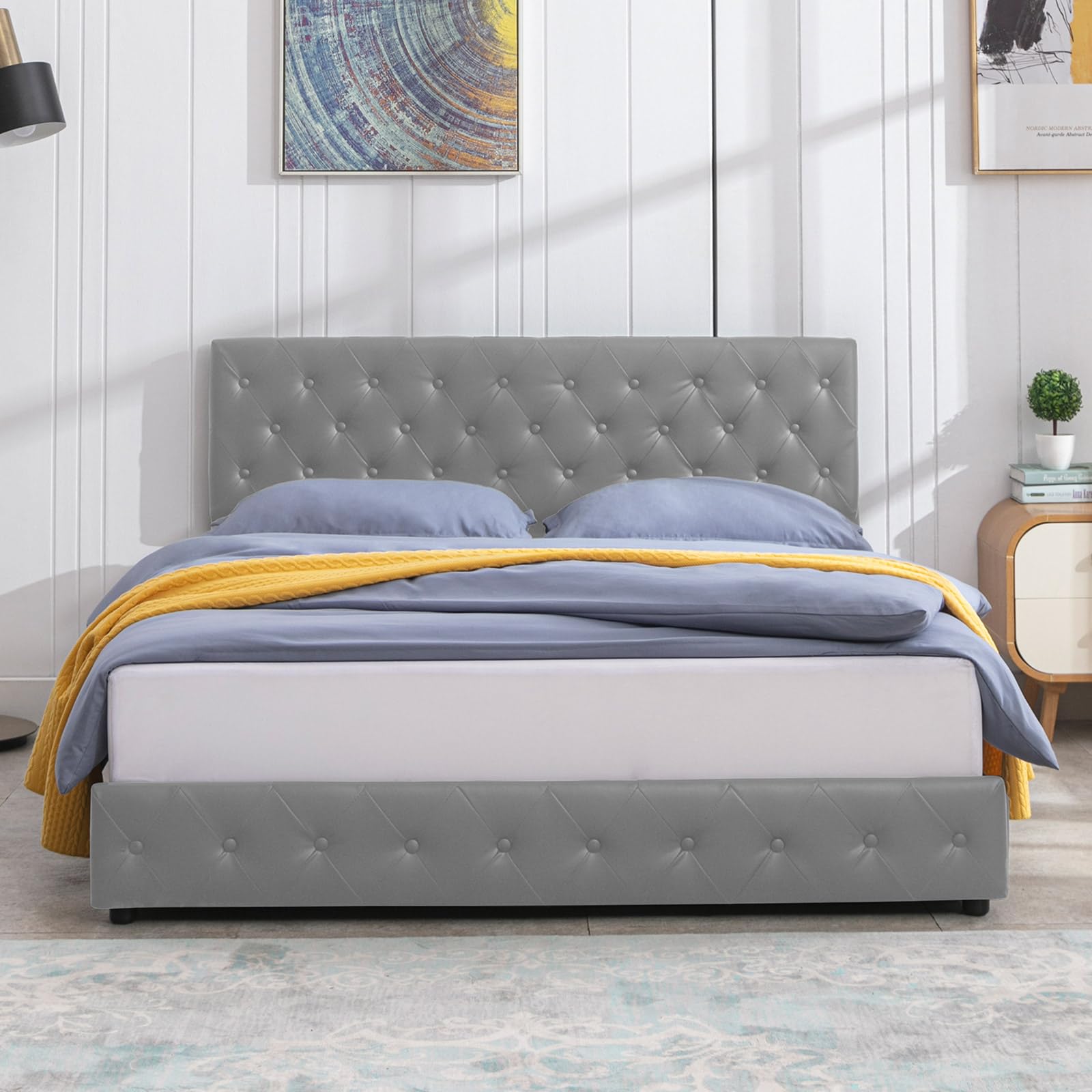 ijuicy PU California King Size Bed Frame, Platform Bed Frame w/Adjustable Headboard, 4 Storage Drawers and Wood Slats Support/No Box Spring Needed/Easy Assembly-Cal King, White