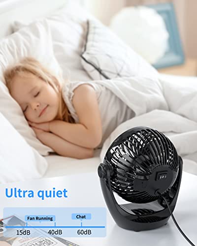 Aluan Desk Fan Small Table Fan with Strong Airflow Ultra Quiet Portable Fan Speed Adjustable Head 360°Rotatable Mini Personal Fan for Home Office Bedroom Table and Desktop, Black