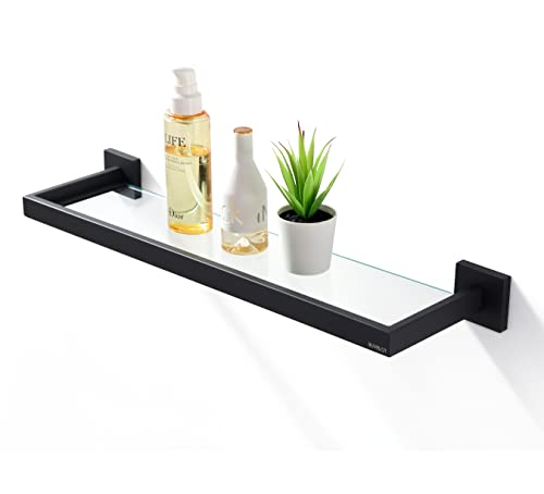 BUVELOT Bathroom Shelf,22.32 Inch Large Glass Shelf, 8mm Extra Thick Tempered Clear Glass Shelves Modern Rectangular,Matte Black,071090-MB
