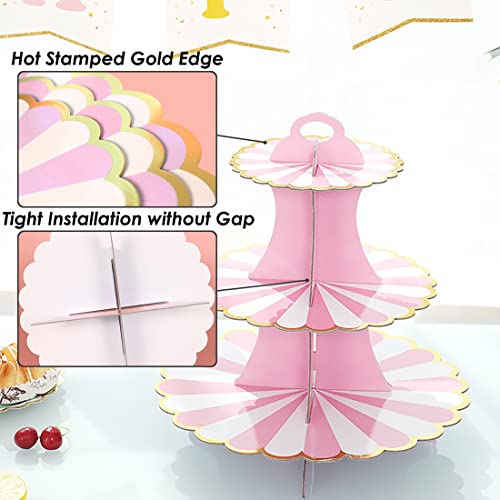 2 Pack Cardboard Cake Stand, 3 Tier Paper Dessert Round Cupcake Holder Tower Disposable Pastry Stand for Birthday, Afternoon Tea,Wedding Party Anniversary Christening Fruit Desserts Display