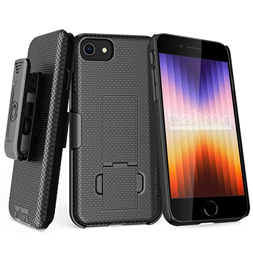 BELTRON iPhone 7/8/SE 2020/SE 2022 Holster Case, Super Slim Rubberized Grip Case & Swivel Belt Clip Holster Combo with Built-in Kickstand for for Apple iPhone SE3 2022, SE2 2020, 8, 7, 6, 6s (Black)