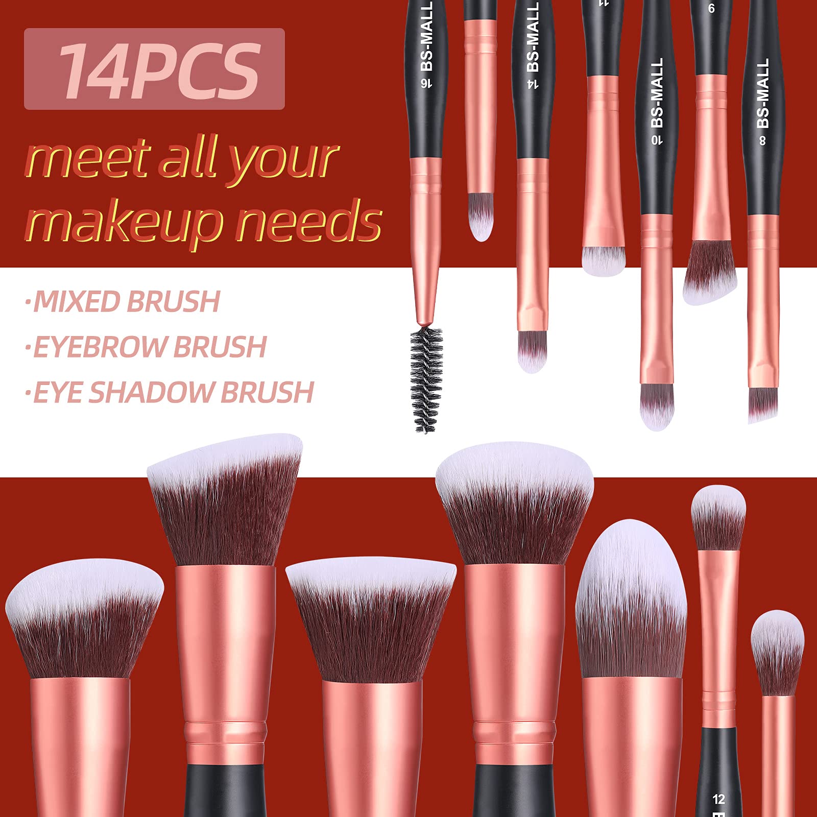 BS-MALL Makeup Brushes Stand Up Premium Synthetic Foundation Powder Concealers Eye Shadows (14Black)