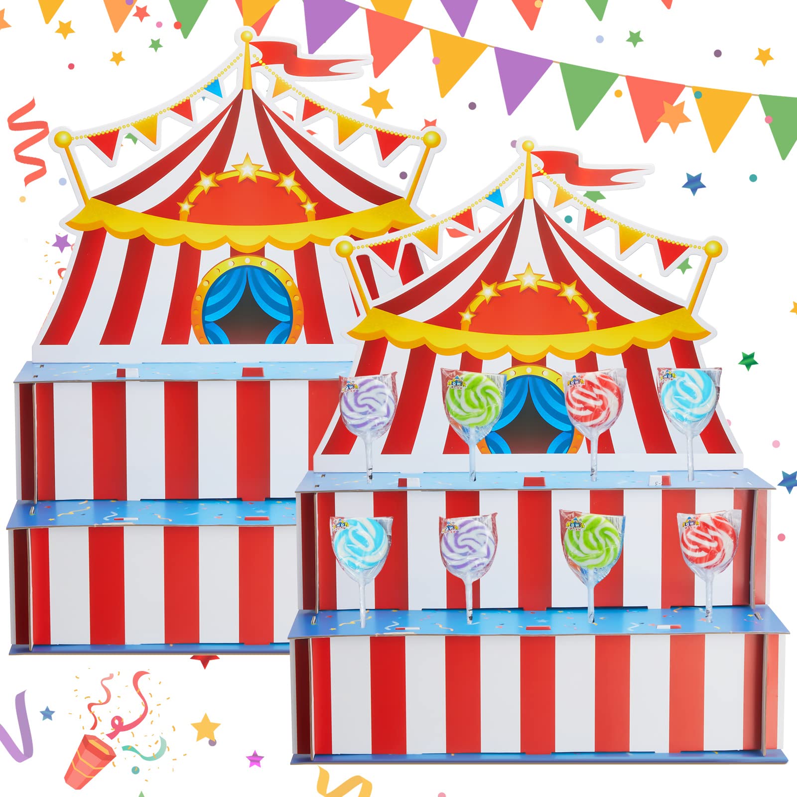2 Pack Circus Tent Shaped Lollipop Stand 2 Tier Circus Lollipop Candy Stand 48 Suckers Dessert Table Display Set Carnival Theme Tent Design for Circus Birthday Party Favor Decoration Supplies