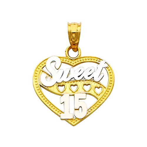 14k REAL Two Tone Gold 15 A?os Heart Pendant with 1.5mm Diamond Cut Chain Necklace - 16"