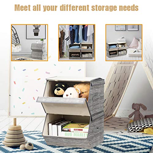 Giantex Storage Bins Set of 4 Stackable Cubes Fabric Baskets w/Lid, Side Handles, Magnetic Linen Container Boxes for Toys, Clothes, Files Foldable Closet Organize Bags 15βx14βx10β (Gray)