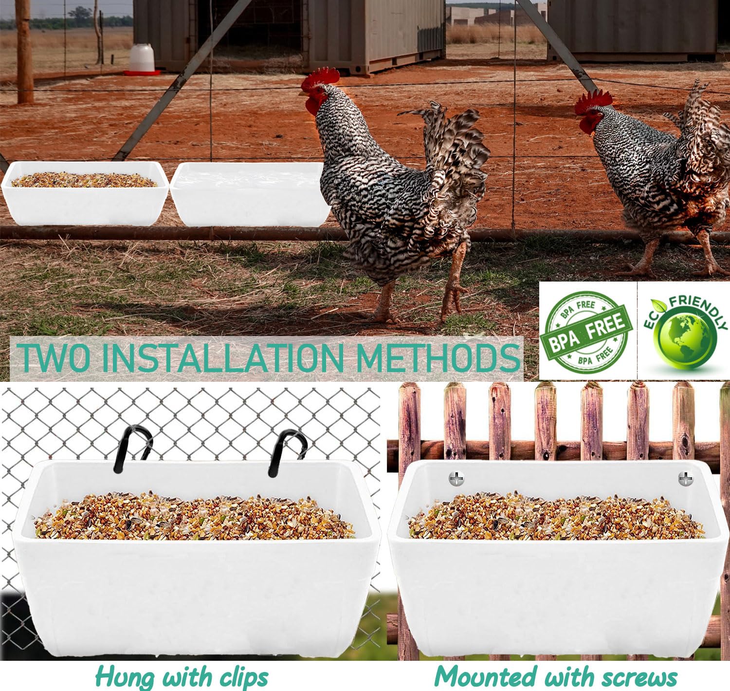 2 Pack Feeder Feed Trough and Waterer Bucket with Clips Chicken Hanging Poultry Feed Trough for Goat Sheep Deer Poultry Duck Chicken