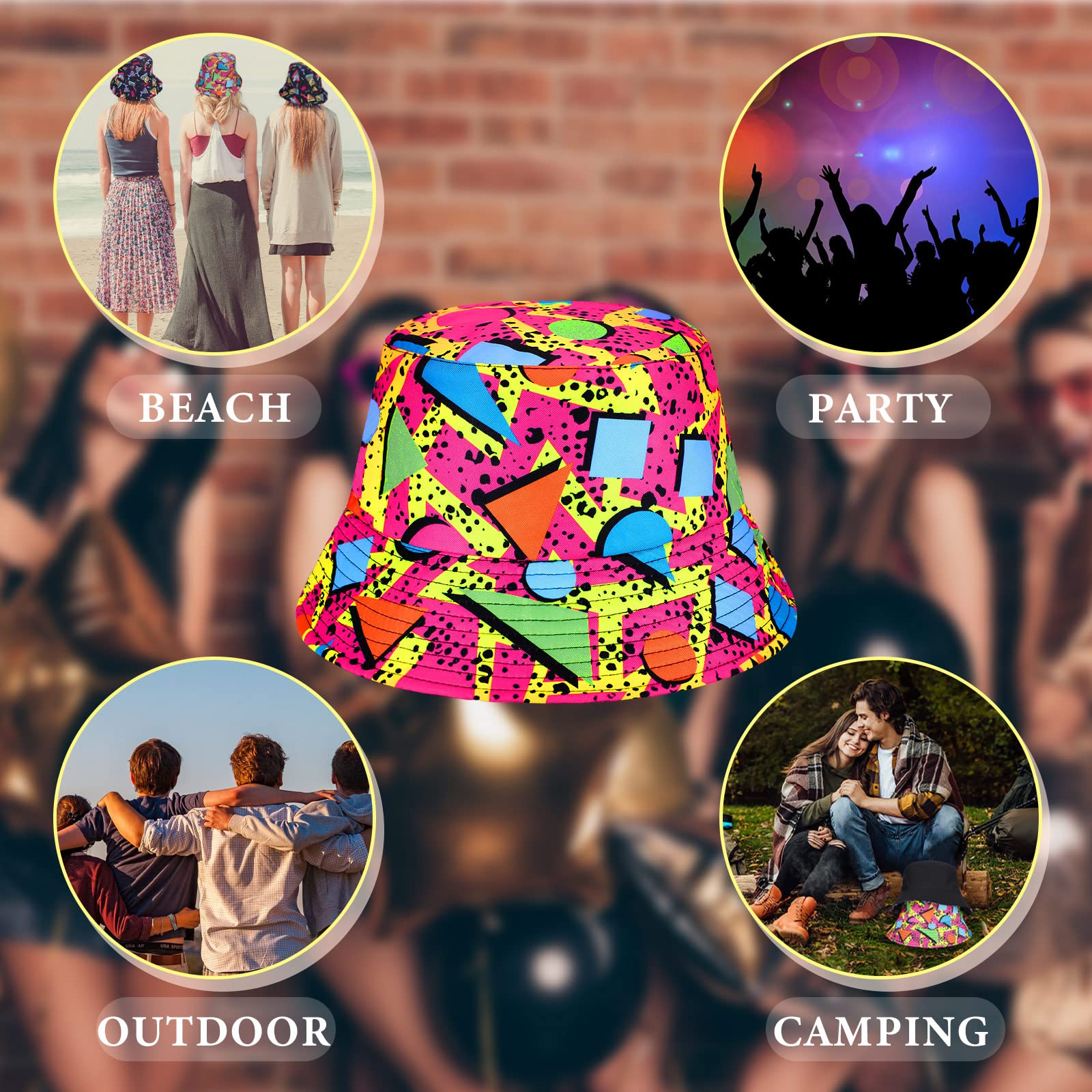 2 Pack Retro 80s 90s Bucket Hat for Women Men Vintage Print Fisherman Neon Nylon Hat Reversible Packable Travel Cap (Stylish Style)