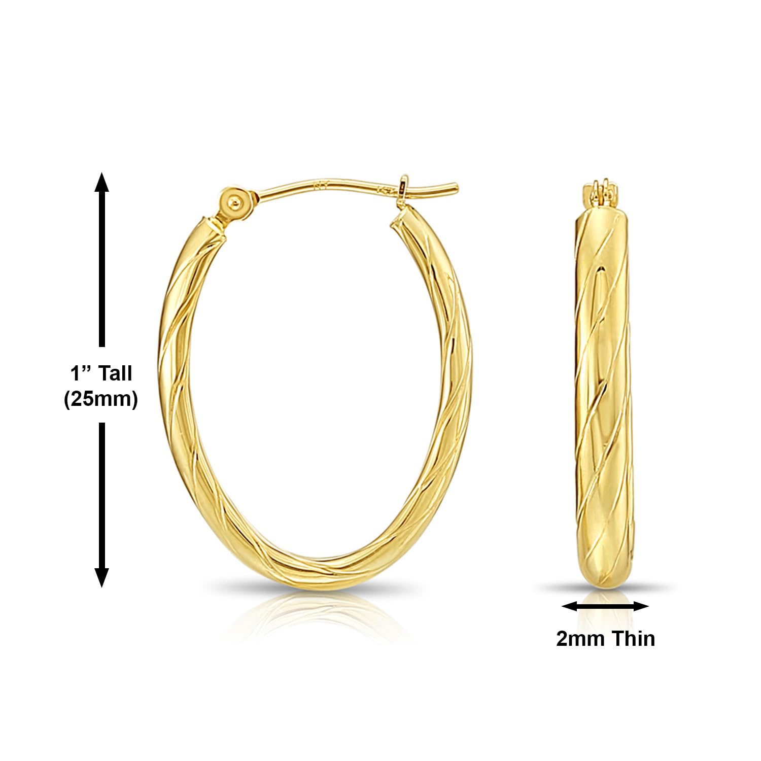 14K Gold Hoop Earrings with Spiral Ridges, Oval and Round Available (Oval Two Tone)