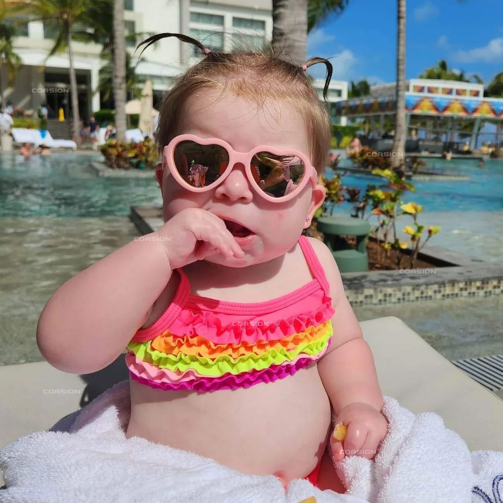 COASION Baby's First Sunglasses with Strap, Unbreakable Polarized Newborn Infant Heart Sunglasses for Ages 0-24 Months (Pink Frame/Pink Mirrored Lens)