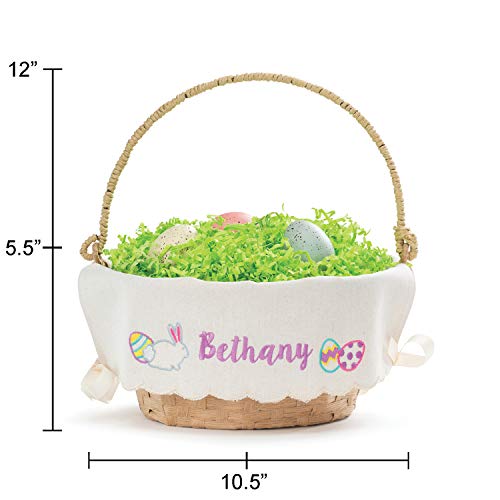 Bunny and Eggs Personalized Easter Egg Basket with Handle and Custom Name | Scallop Edge Linen Easter Basket Liners | Tan Basket | Woven Easter Baskets for Kids | Customized Easter Basket